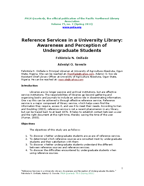 (PDF) Reference Services in a University Library: Awareness and ...