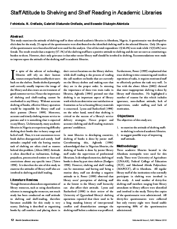 (PDF) Staff Attitude to Shelving and Shelf Reading in Academic Libraries