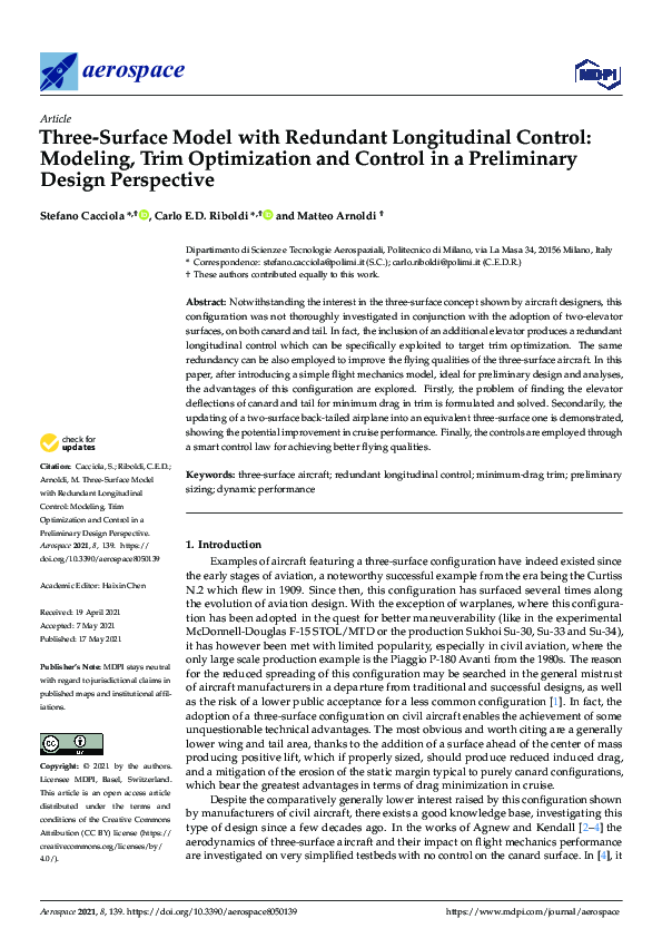 (PDF) Three-Surface Model with Redundant Longitudinal Control: Modeling, Trim Optimization and ...