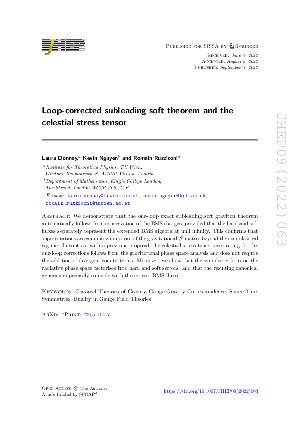 (PDF) Loop-corrected subleading soft theorem and the celestial stress tensor | Laura Donnay ...