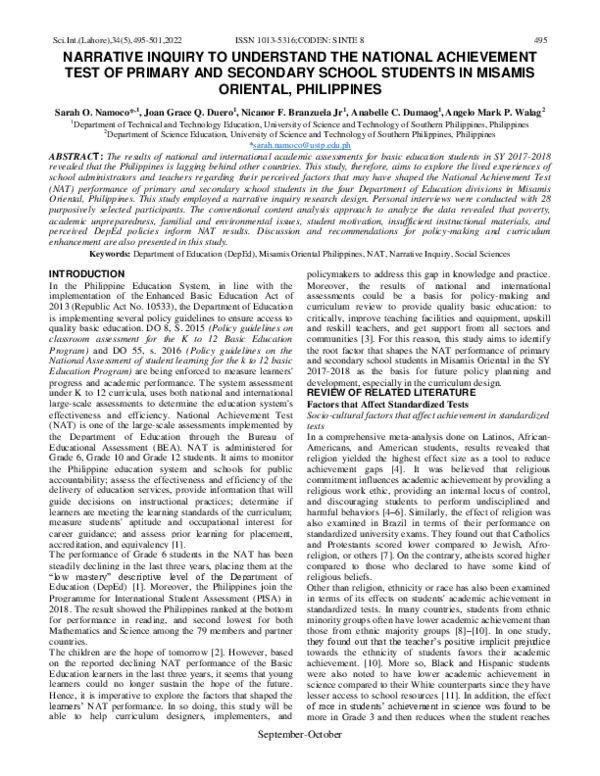 (PDF) NARRATIVE INQUIRY TO UNDERSTAND THE NATIONAL ACHIEVEMENT TEST OF ...