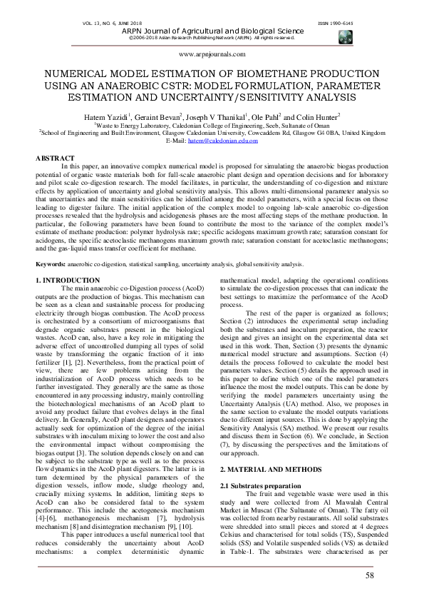 Pdf Numerical Model Estimation Of Biomethane Production Using An Anaerobic Cstr Model 