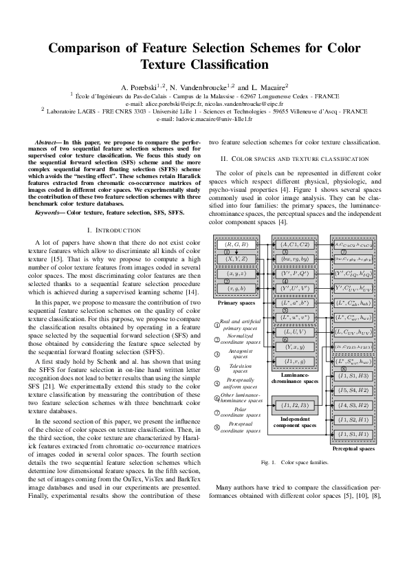 Pdf Comparison Of Feature Selection Schemes For Color Texture Classification