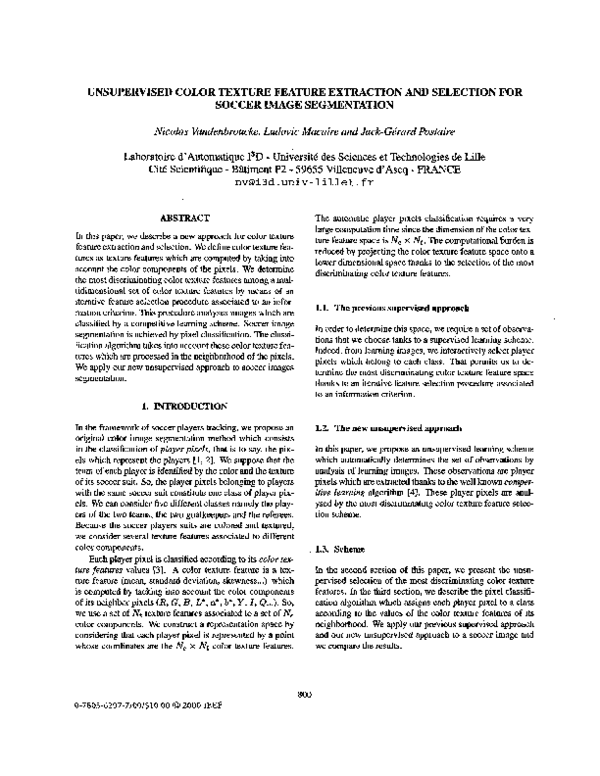 Pdf Unsupervised Color Texture Feature Extraction And Selection For Soccer Image Segmentation