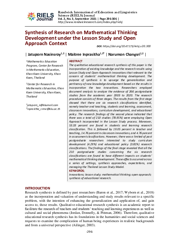 (PDF) Synthesis of Research on Mathematical Thinking Development under the Lesson Study and Open ...