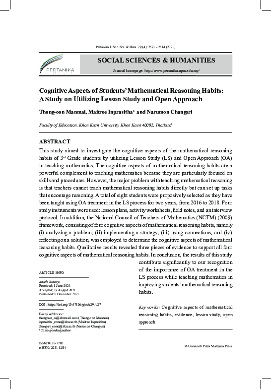 (PDF) Cognitive Aspects of Students’ Mathematical Reasoning Habits: A Study on Utilizing Lesson ...