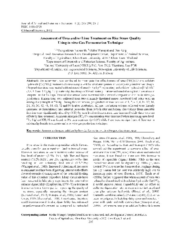 (PDF) Assessment of Urea and/or Lime Treatment on Rice Straw Quality ...