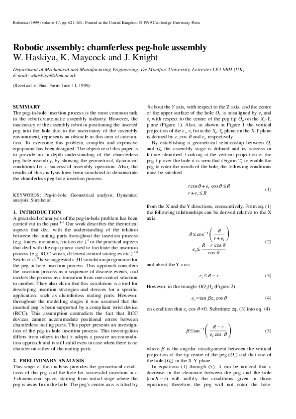 (PDF) Robotic assembly: chamferless peg-hole assembly