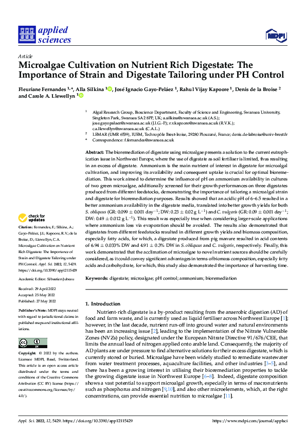 (PDF) Microalgae Cultivation on Nutrient Rich Digestate: The Importance of Strain and Digestate ...
