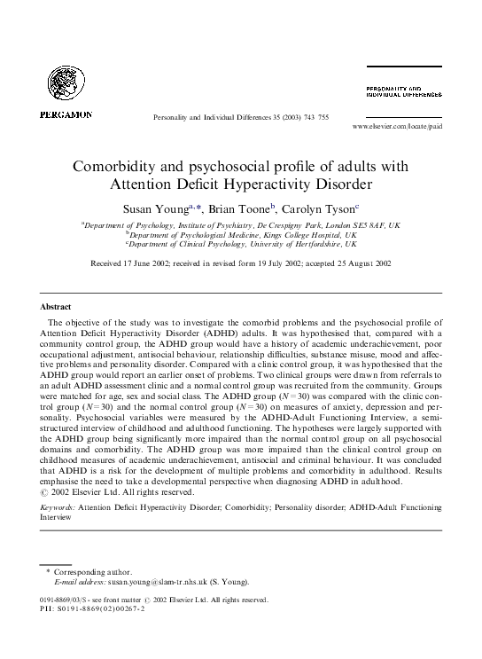 (PDF) Comorbidity and psychosocial profile of adults with Attention ...