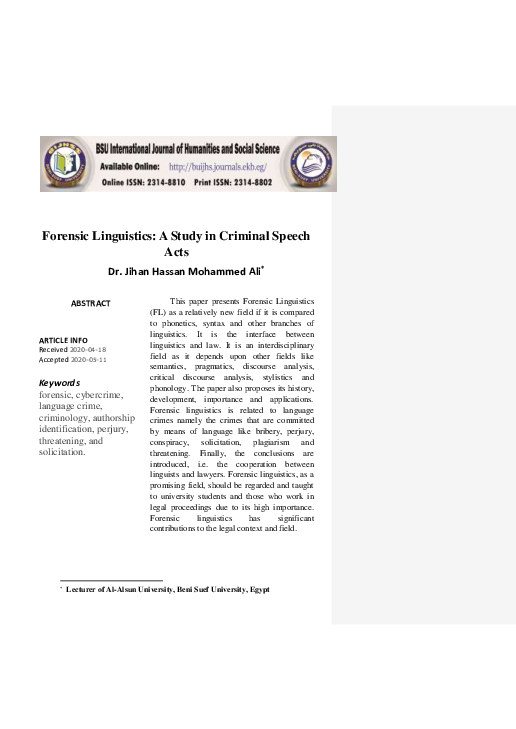 (PDF) EXPLORING THE POWER OF LANGUAGE IN CRIMINAL INVESTIGATION: A STUDY OF FORENSIC LINGUISTICS ...