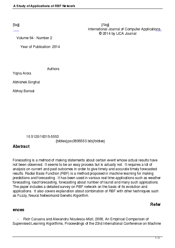(PDF) A Study of Applications of RBF Network
