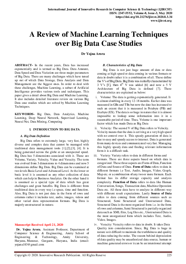 (PDF) A Review of Machine Learning Techniques Over Big Data Case Studies