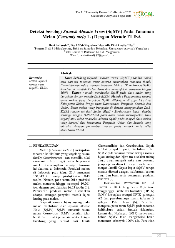 (PDF) Deteksi Serologi Squash Mosaic Virus (SqMV) pada Tanaman Melon (Cucumis melo L.) dengan ...