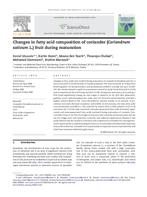(PDF) Changes in fatty acid composition of coriander (Coriandrum ...