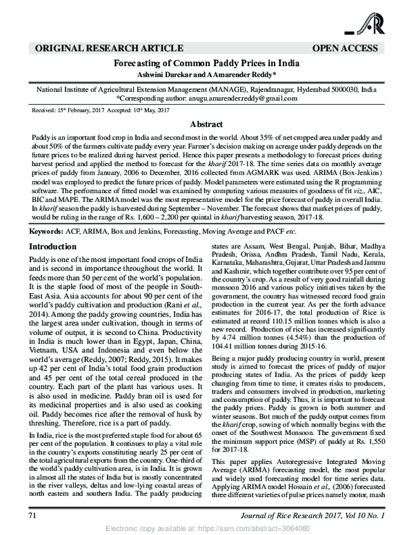 (PDF) Forecasting of Common Paddy Prices in India