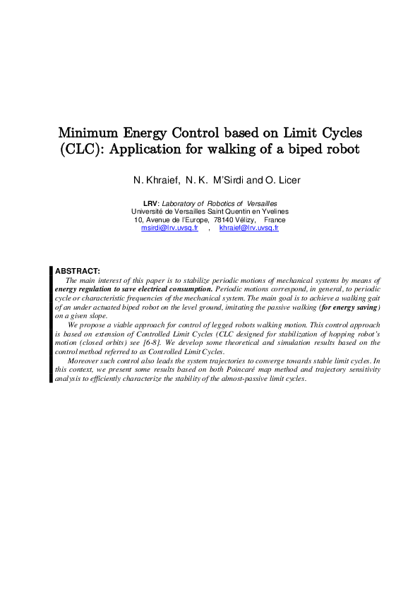 (PDF) Minimum Energy Control based on Limit Cycles (CLC): Application for walking of a biped robot