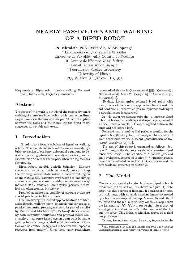 (PDF) Nearly passive dynamic walking of a biped robot