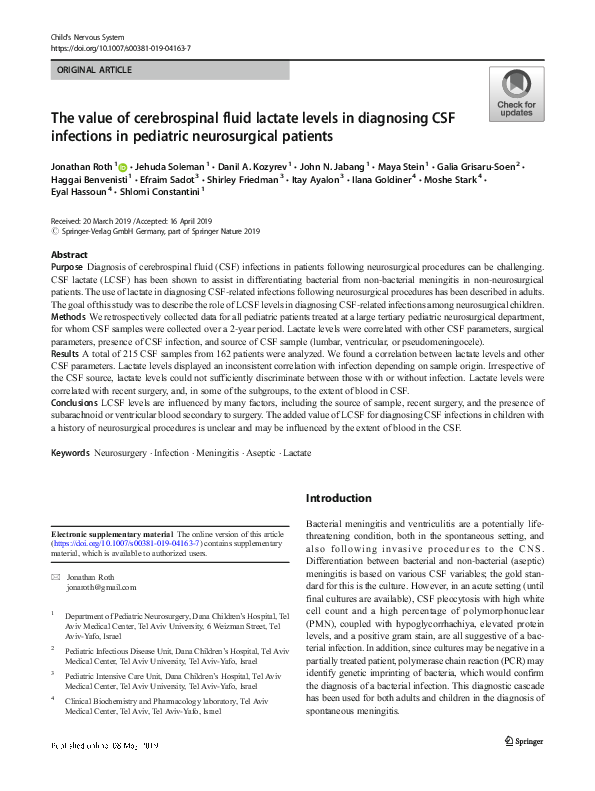 (PDF) The value of cerebrospinal fluid lactate levels in diagnosing CSF ...