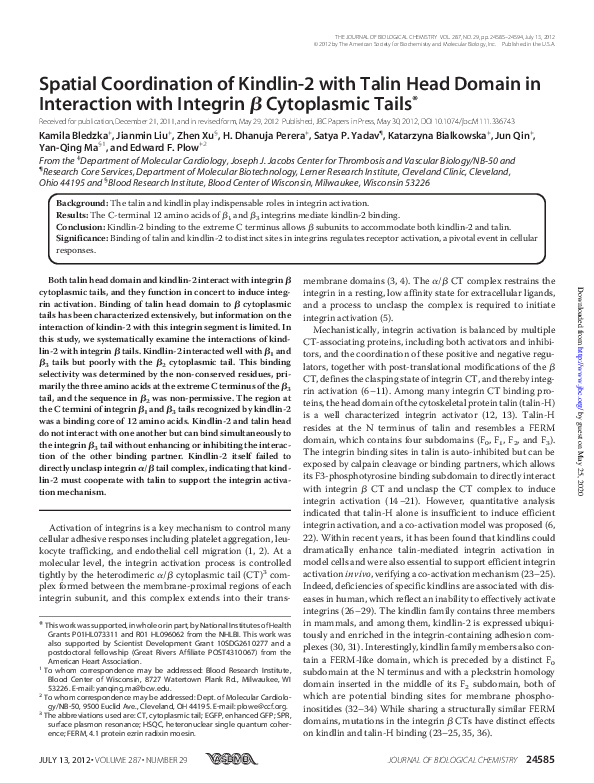 (PDF) Spatial Coordination of Kindlin-2 with Talin Head Domain in ...