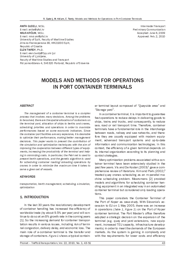 Pdf Models And Methods For Operations In Port Container Terminals