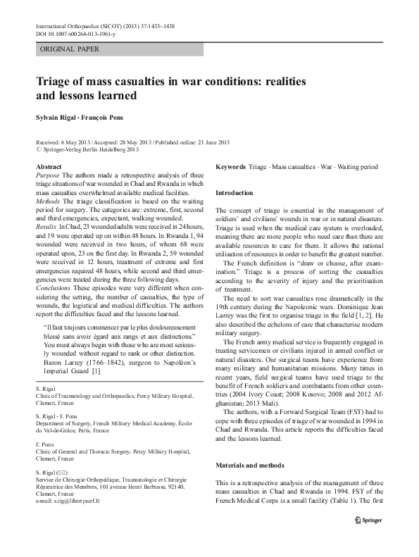 (PDF) Triage of mass casualties in war conditions: realities and ...