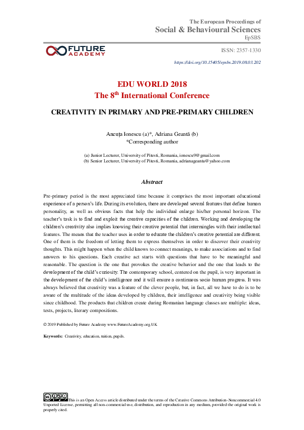(PDF) Creativity In Primary And Pre-Primary Children