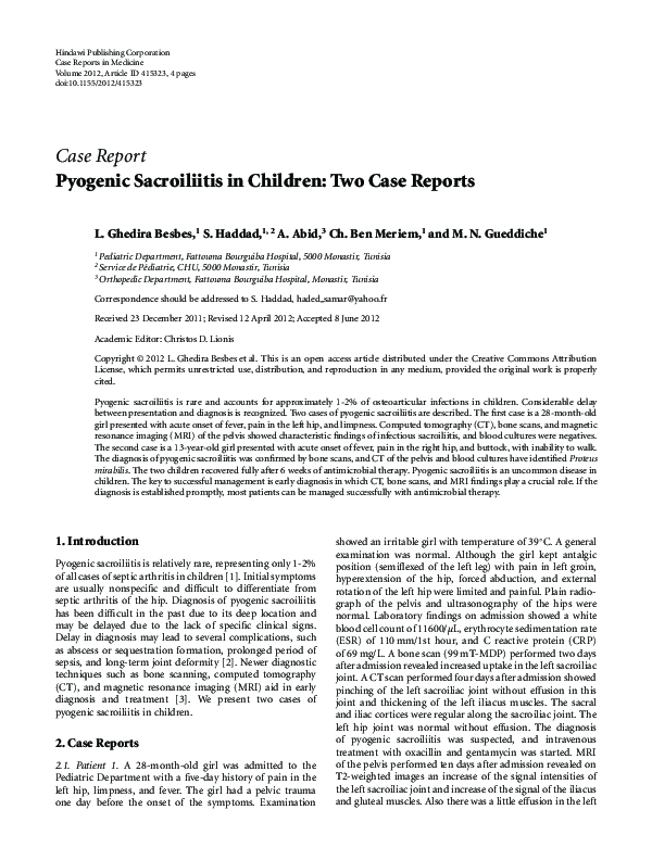 (PDF) Pyogenic Sacroiliitis in Children: Two Case Reports