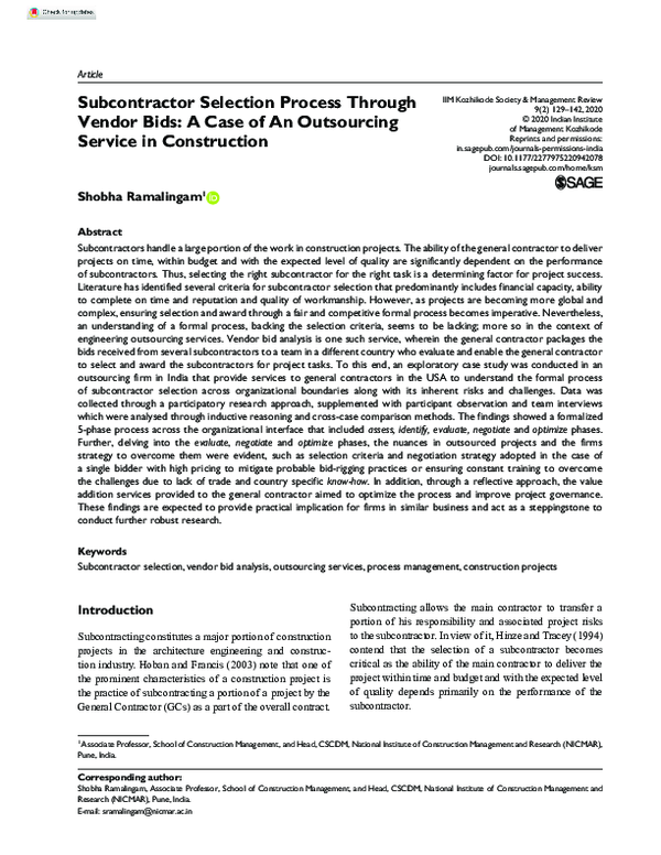 (PDF) Subcontractor Selection Process Through Vendor Bids: A Case of An ...
