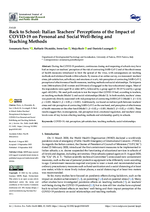 (PDF) Back to School: Italian Teachers’ Perceptions of the Impact of ...