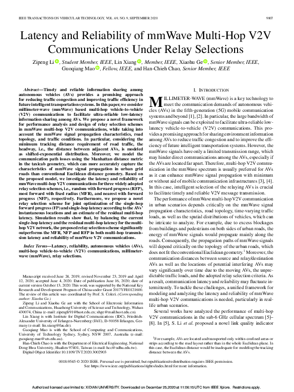 (PDF) Latency and Reliability of mmWave Multi-Hop V2V Communications Under Relay Selections