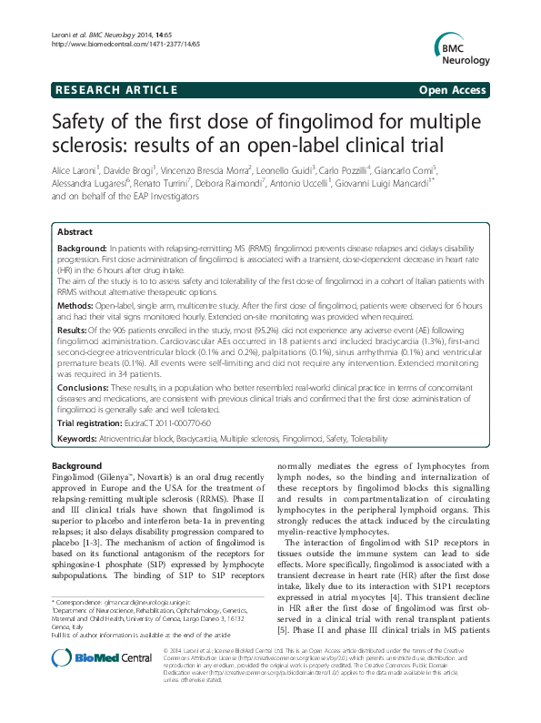 (PDF) Safety of the first dose of fingolimod for multiple sclerosis ...