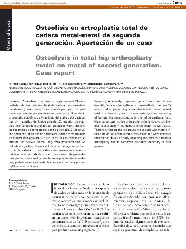 (PDF) Osteolisis en artroplastia total de cadera metal-metal de segunda ...
