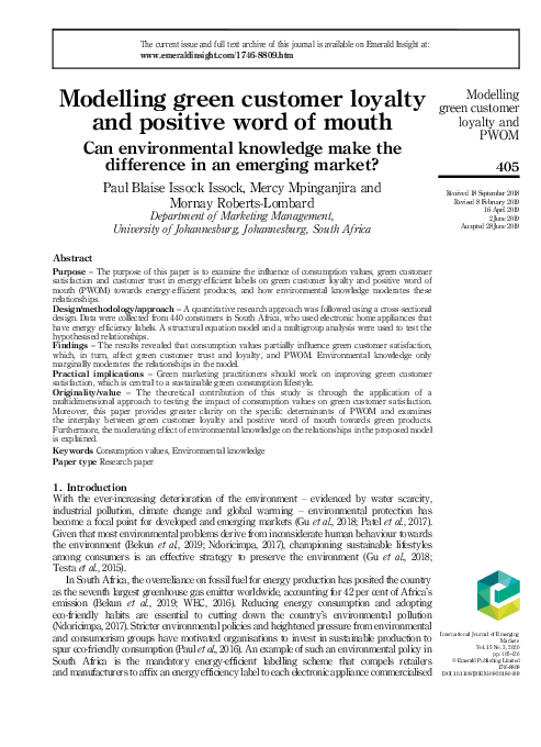 (PDF) Modelling green customer loyalty and positive word of mouth