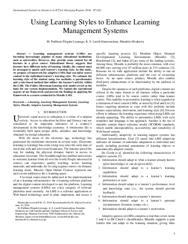 Pdf Using Learning Styles To Enhance Learning Management Systems