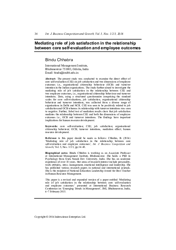Pdf Mediating Role Of Job Satisfaction In The Relationship Between Core Self Evaluation And