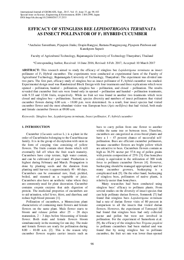 (PDF) Efficacy of Stingless Bee Lepidotrigona Terminata as Insect ...