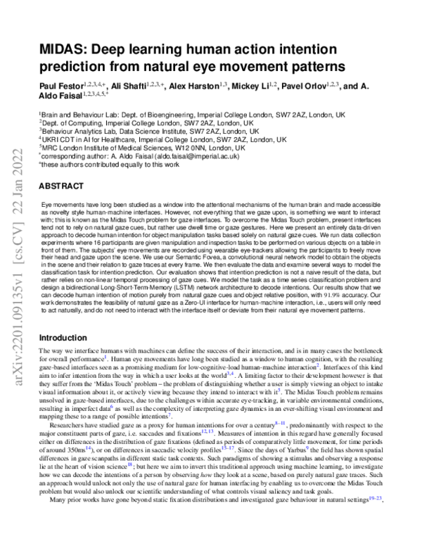 (PDF) MIDAS: Deep learning human action intention prediction from natural eye movement patterns