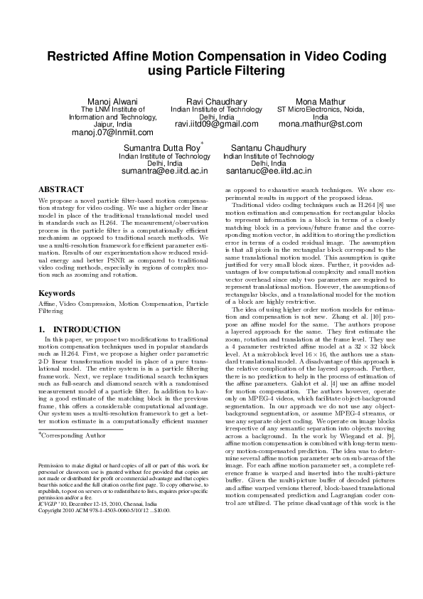 Pdf Restricted Affine Motion Compensation In Video Coding Using Particle Filtering Mona
