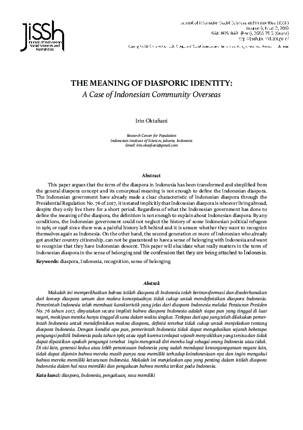 (PDF) The Meaning of Diasporic Identity: A Case of Indonesian Community Overseas | Irin ...
