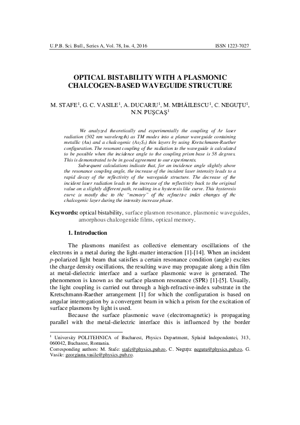 (PDF) Optical Bistability with a Plasmonic Chalcogen-Based Waveguide Structure