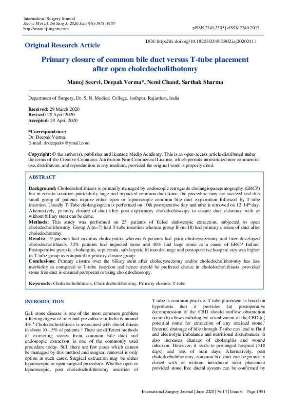 (PDF) Primary closure of common bile duct versus T-tube placement after ...