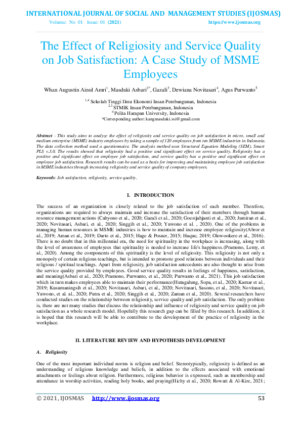 (PDF) The Effect of Religiosity and Service Quality on Job Satisfaction: A Case Study of MSME ...