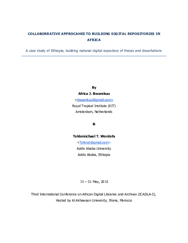 (PDF) Collaborrative Approcahes to Building Digital Repositories in Africa