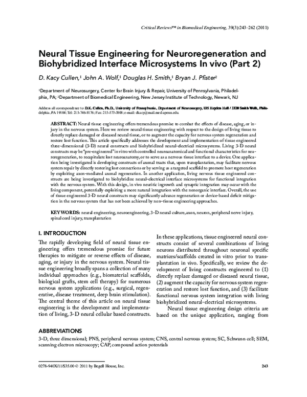 (PDF) Neural Tissue Engineering for Neuroregeneration and Biohybridized ...