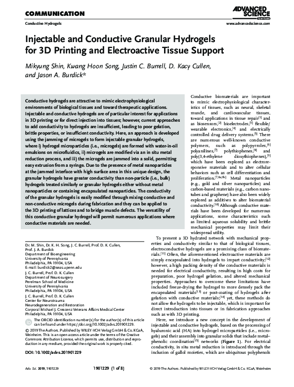 (PDF) Injectable and Conductive Granular Hydrogels for 3D Printing and Electroactive Tissue Support