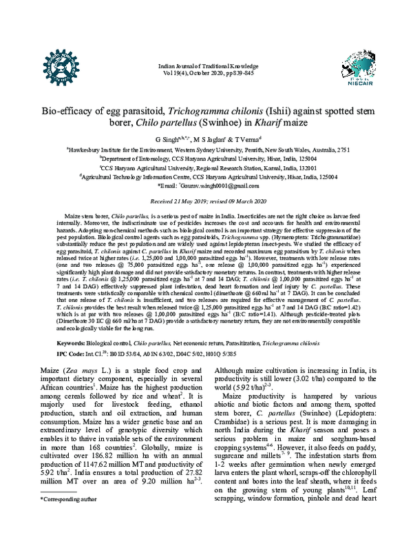 (PDF) Bio-efficacy of egg parasitoid, Trichogramma chilonis (Ishii ...