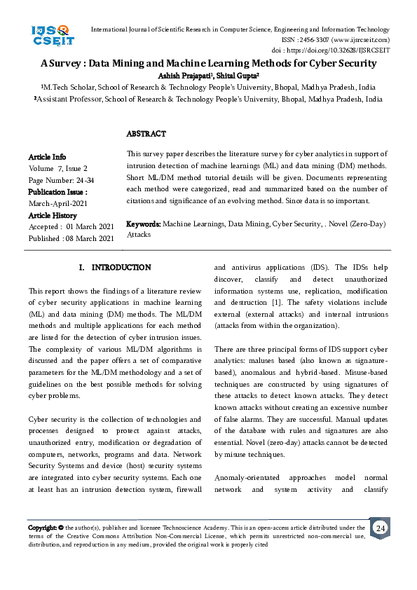 (PDF) A Survey : Data Mining and Machine Learning Methods for Cyber ...