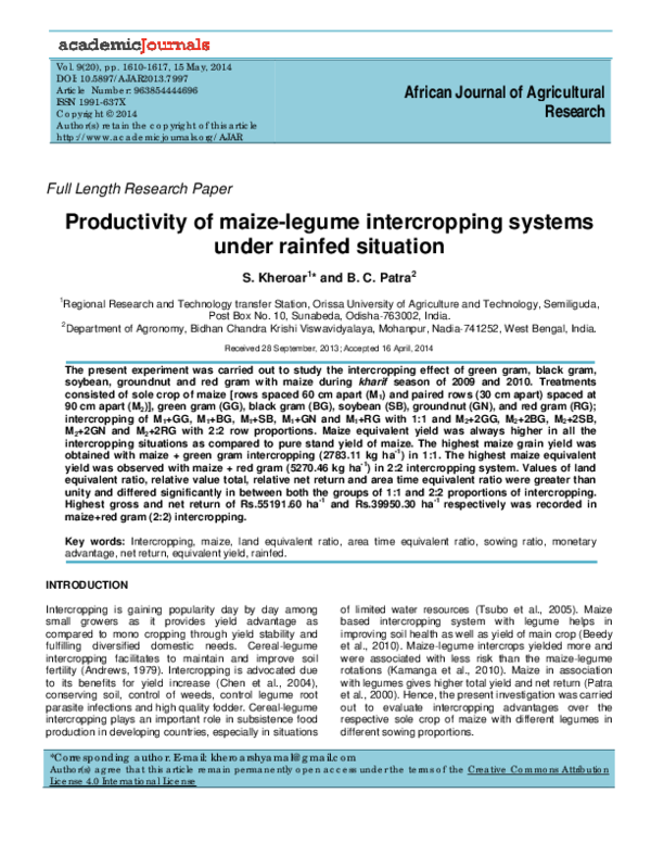(PDF) Productivity of maize-legume intercropping systems under rainfed situation