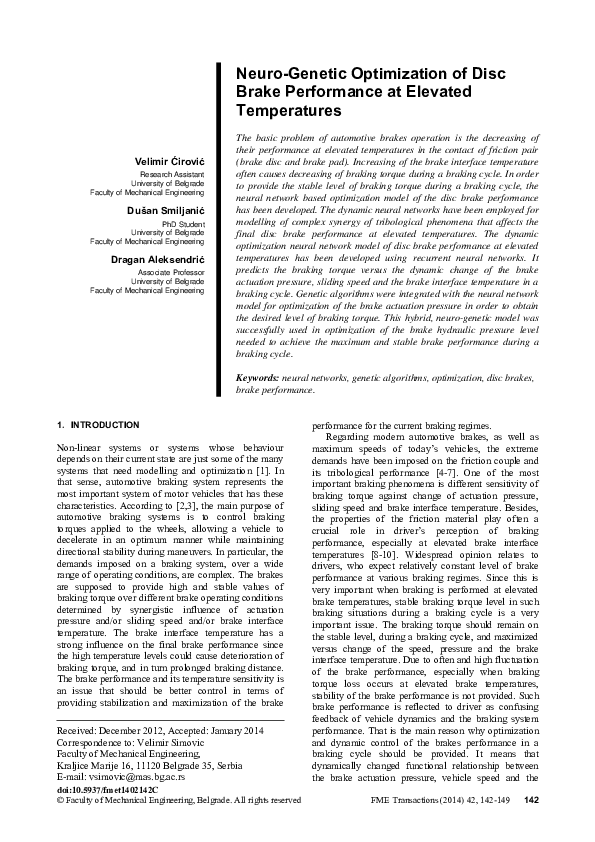 (PDF) Neuro-genetic optimization of disc brake performance at elevated ...